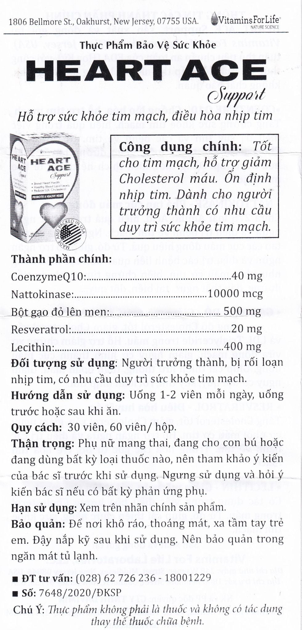 Viên uống Heart Ace Support Vitamins For Life hỗ trợ sức khỏe tim mạch ...