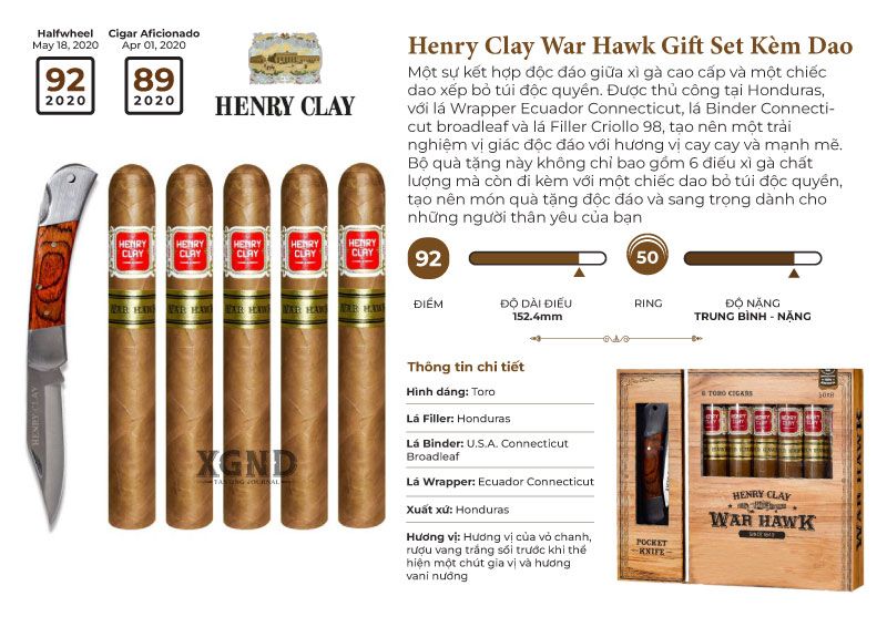 Bộ Xì Gà Cao Cấp Henry Clay War Hawk Toro Tặng Kèm Dao Bỏ Túi Cực Chất