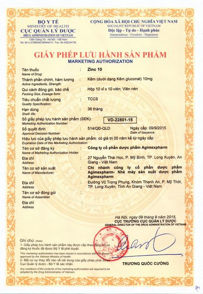 ZINC 10 Gluconat 70mg Agimexpharm (H/100V) – SHOPTHUOC