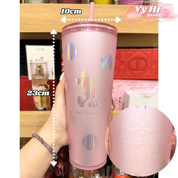 Ly nước Starbucks x Disney Hồng chấm bi tròn một mặt có logo một mặt c ...