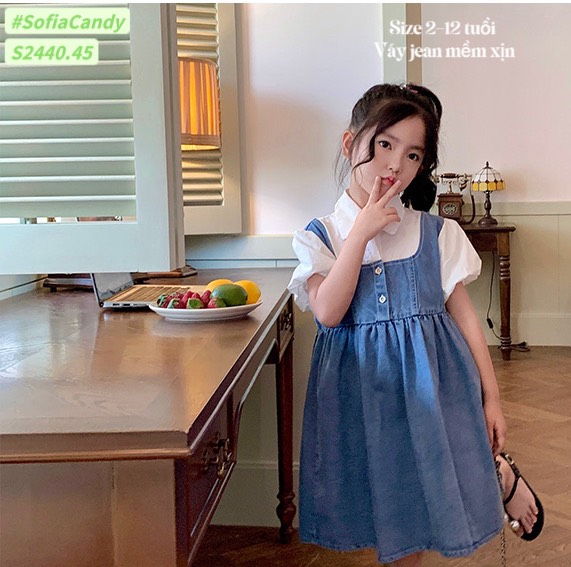 Váy Sofia Candy jean phối cổ sơ mi trắng có tay size 2-12y SHIN Baby Closet