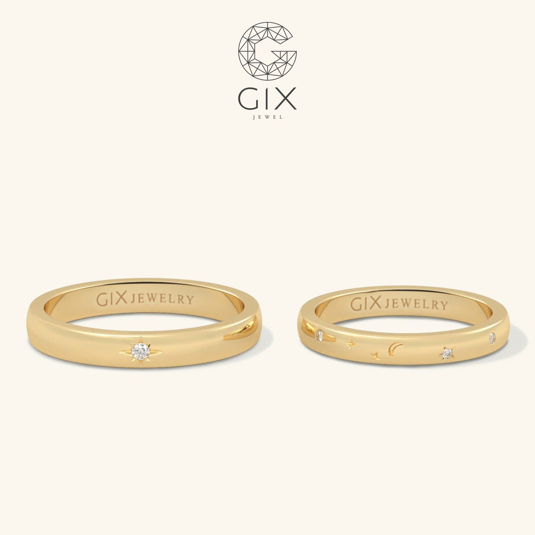 NHẪN CƯỚI VÀNG TÂY 18K ĐẸP TINH XẢO TRÒN TRƠN KHẮC HOA VĂN ĐỘC ĐÁO GIX – GIX JEWEL