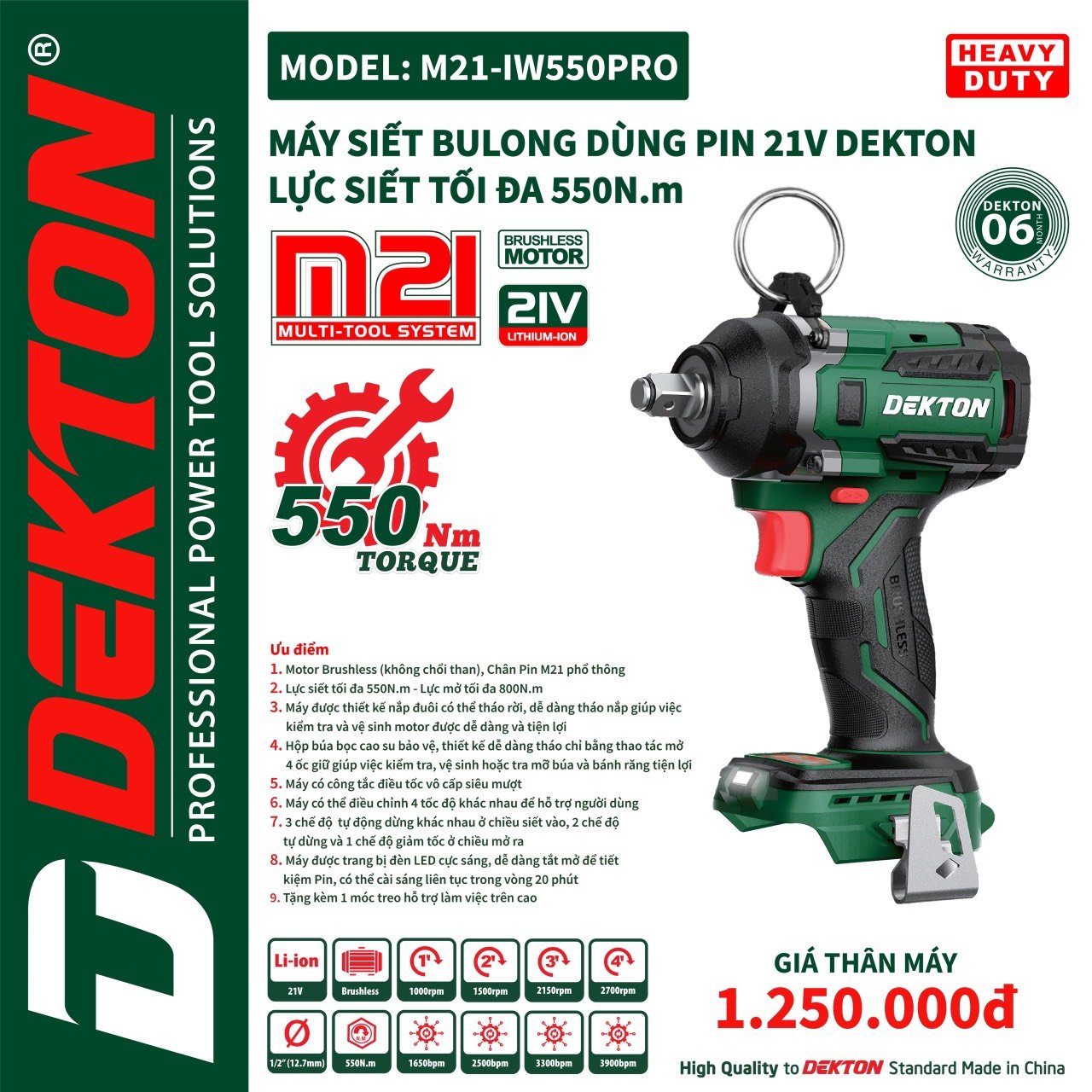 Máy siết bu lông dùng pin Dekton M21 - IW 550 PRO – vuasi