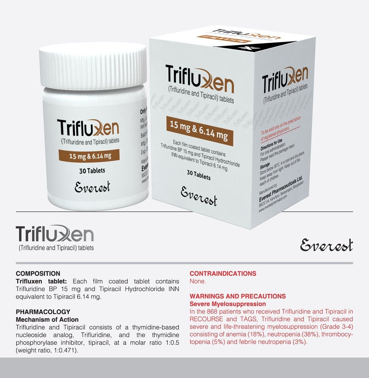 Trifluxen (Triﬂuridine 15mg/Tipiracil 6.14mg) hộp 30 viên - EVEREST ...