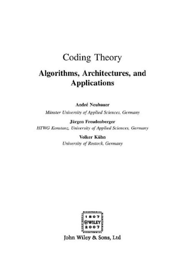 Coding Theory: Algorithms, Architectures, and Applications – E-books Max30 Coding Theory: Algorithms, Architectures, and Applications – E-books Max30