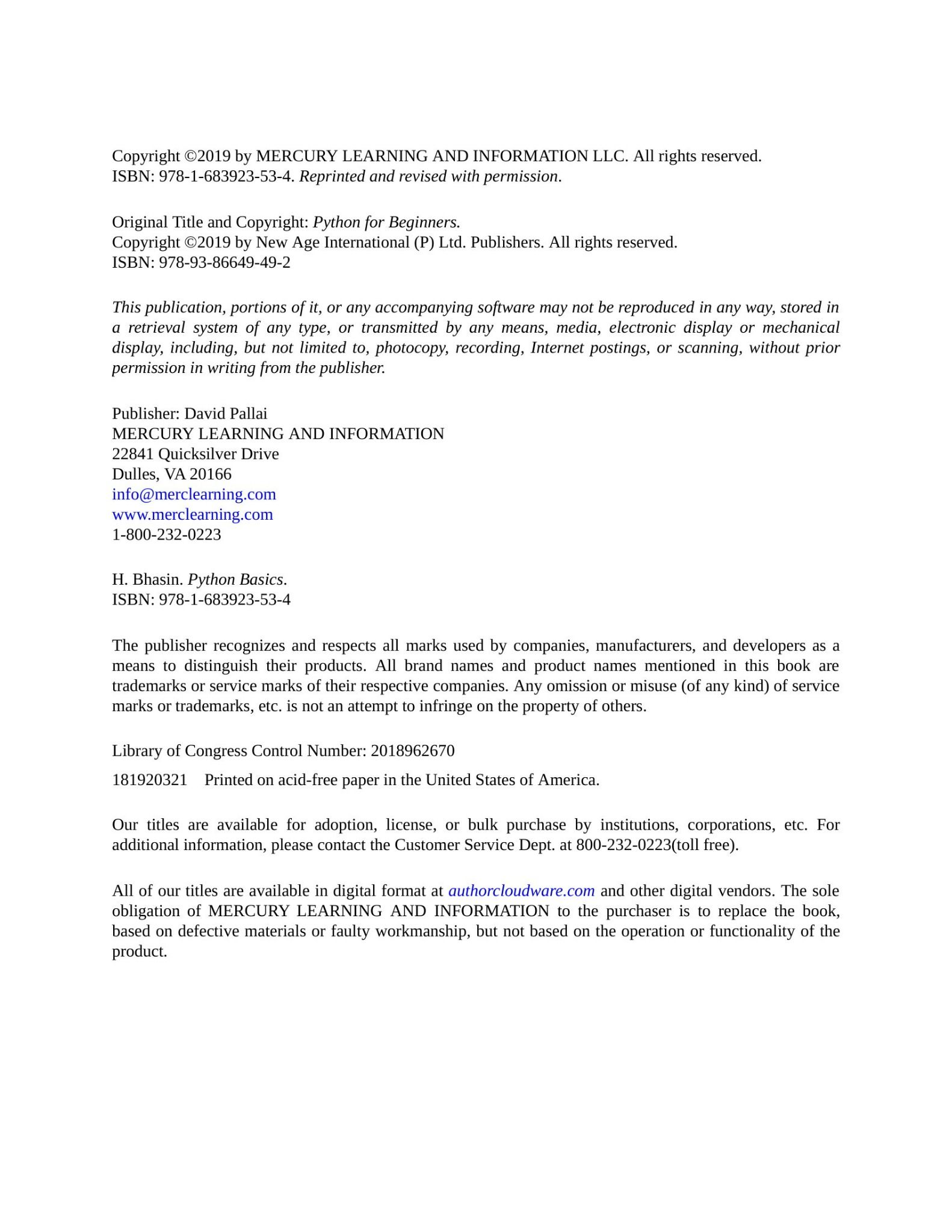 Python Basics A Self-Teaching Introduction (mục lục không có số trang ...