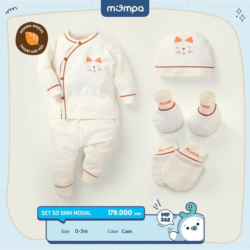 Set quần áo, nón, bao chân & tay sơ sinh Mompa