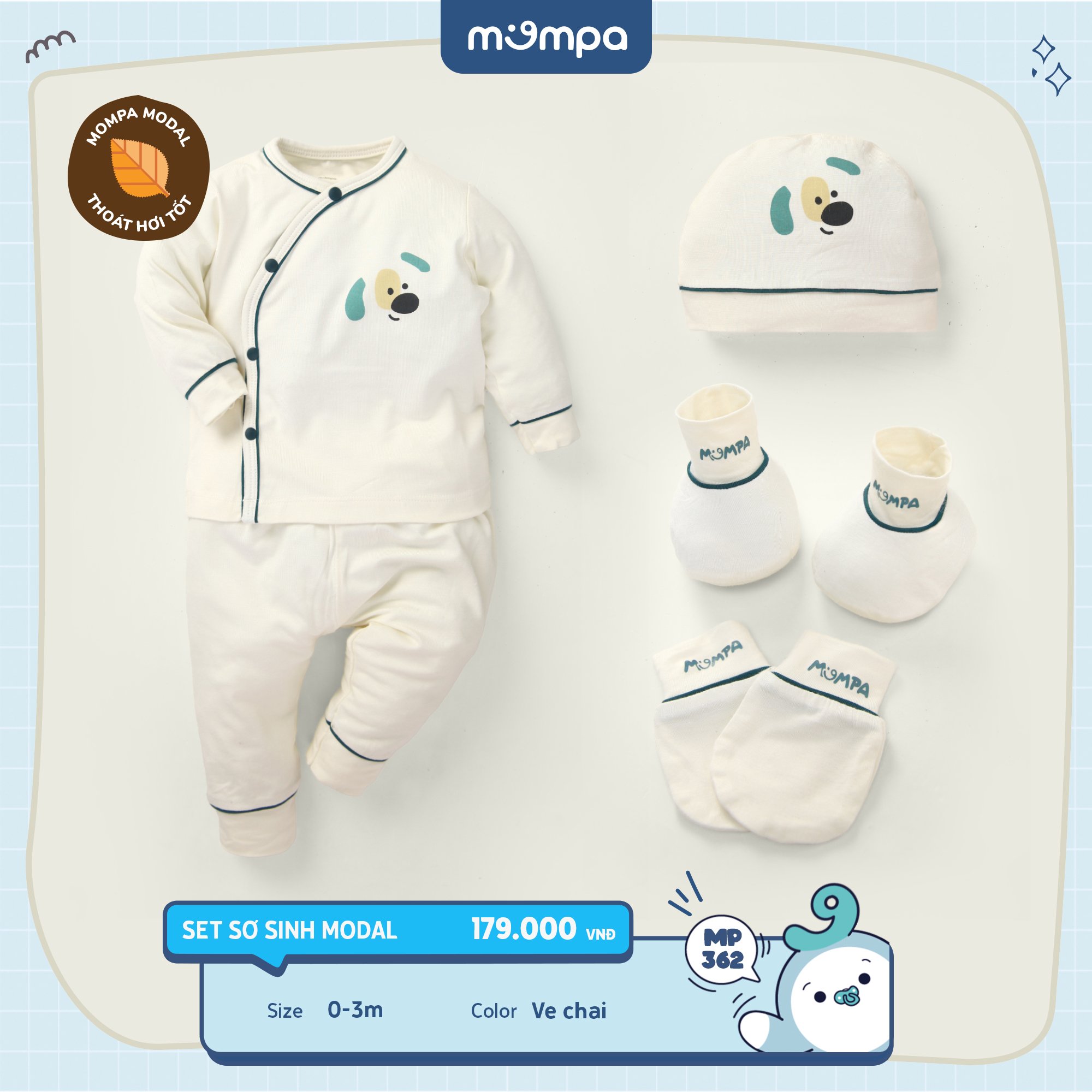 Set quần áo, nón, bao chân & tay sơ sinh Mompa