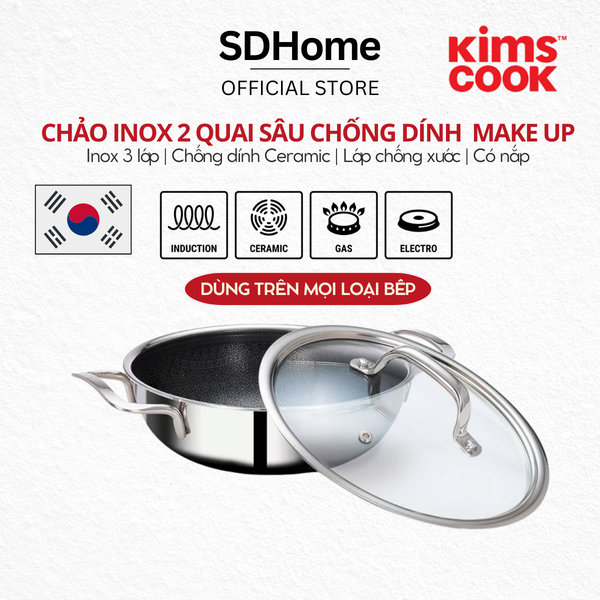 Chảo Inox 2 quai 3 lớp chống dính vân tổ ong có nắp Attdinox Make Up ( – SDHome - Gia Dụng Nhập Khẩu