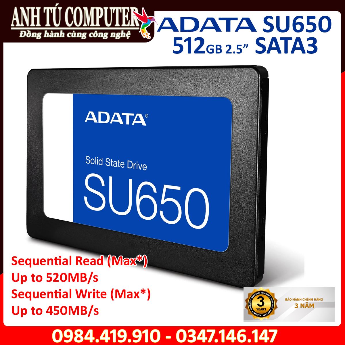 Ổ CỨNG SSD ADATA SU650 512GB 2.5″ Sata III – ANH TÚ COMPUTER