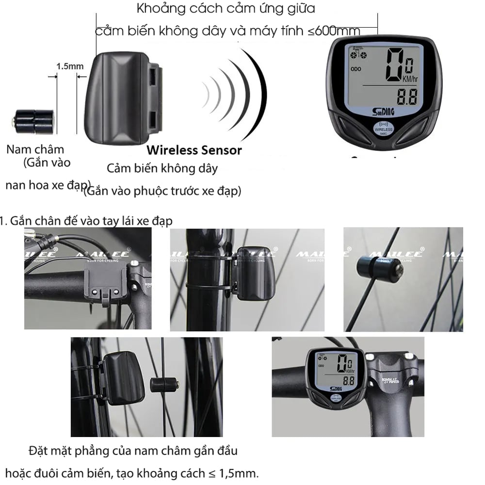 Đồng hồ đo đạp xe đạp không dây SD-548C Chống nước Cảm biến nam châm – Mai lee