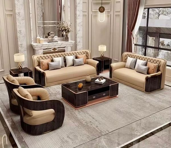 Bộ sofa da bò, gỗ sơn bóng Piano, viền inox mạ titan vàng - BSF205