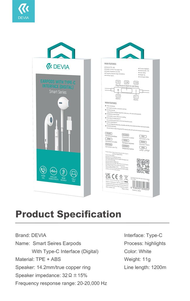 Tai nghe Smart Series, earpod, cổng C, màu trắng Devia MeKo Distributor ...