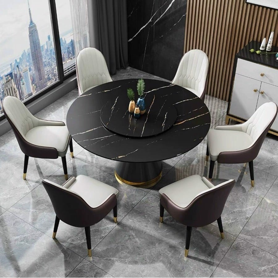 Bộ bàn ăn tròn xoay mặt đá Keisha + ghế ăn Magaret – Nội Thất Luxvie