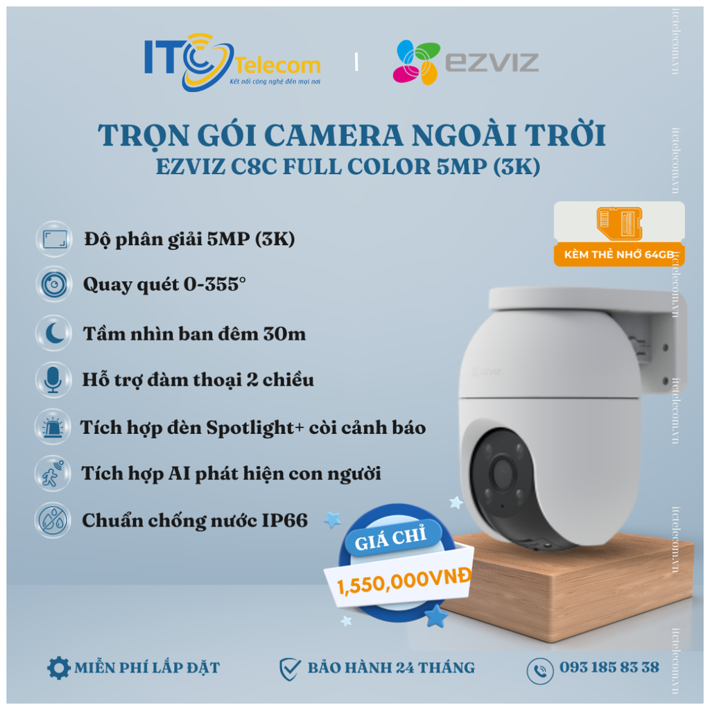 Trọn Gói Camera Ngoài Trời EZVIZ C8C Full Color 5MP (3K) – Viễn Thông ...