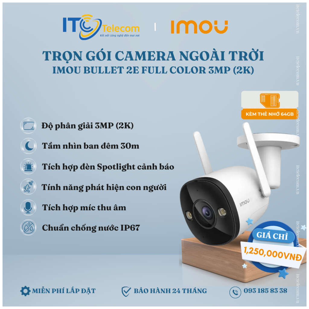 Trọn Gói Camera Ngoài Trời IMOU Bullet 2E Full Color 3MP (2K) – Viễn ...