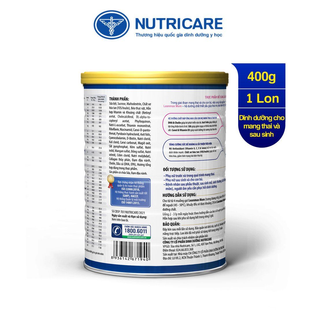 Lon leanmax Mom 400gr - Dinh dưỡng cho mẹ mang thai và cho con bú – Dinh dưỡng y học