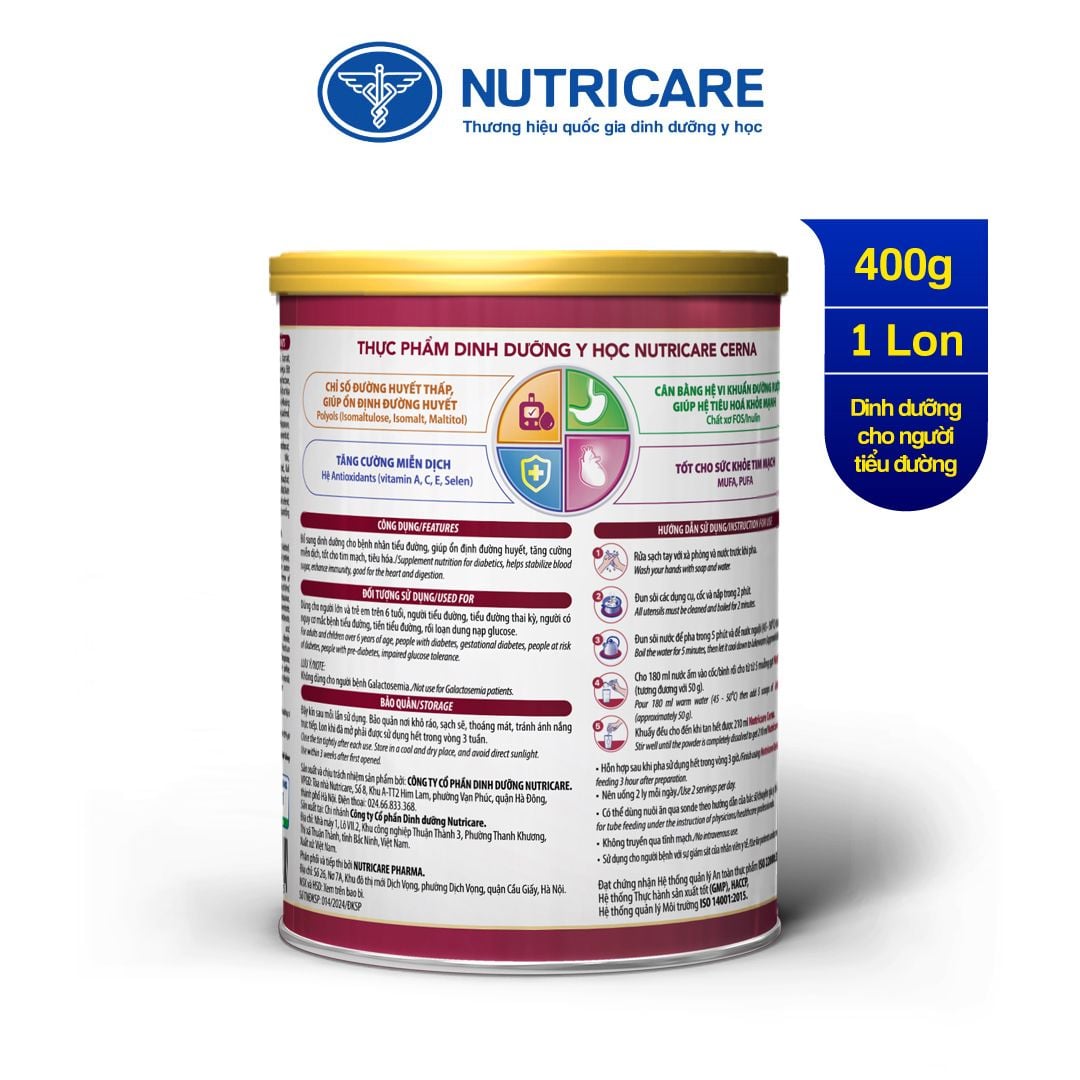 01 lon Nutricare Cerna 400g - Sữa dành cho bệnh nhân đái tháo đường – Dinh dưỡng y học