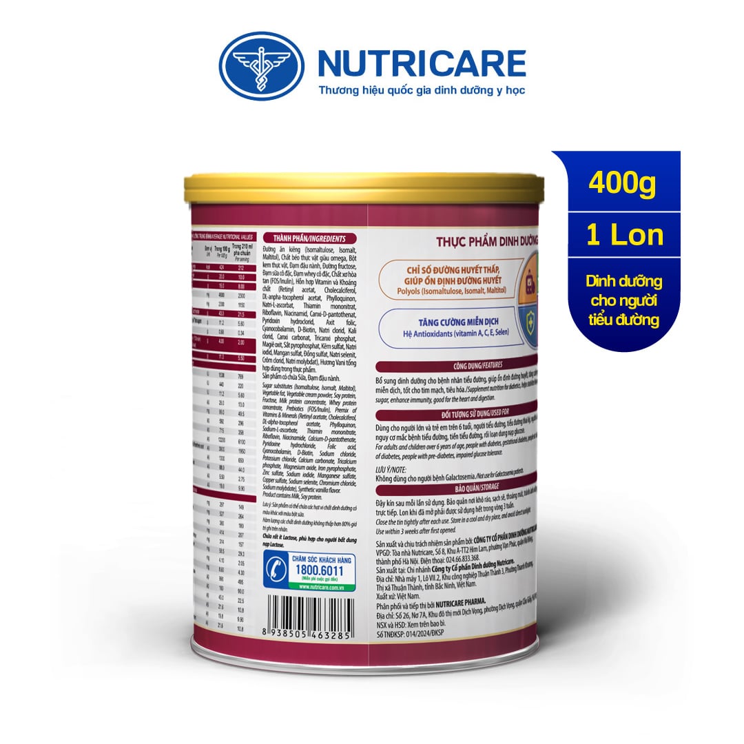 01 lon Nutricare Cerna 400g - Sữa dành cho bệnh nhân đái tháo đường – Dinh dưỡng y học