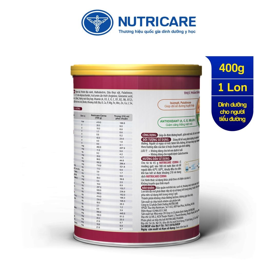 01 lon Nutricare Cerna 400g - Sữa dành cho bệnh nhân đái tháo đường – Dinh dưỡng y học