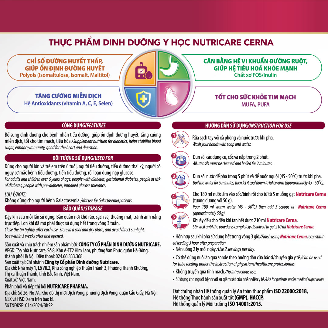 Sữa Nutricare Cerna 900g - Sữa dành cho bệnh nhân tiểu đường – Dinh dưỡng y học