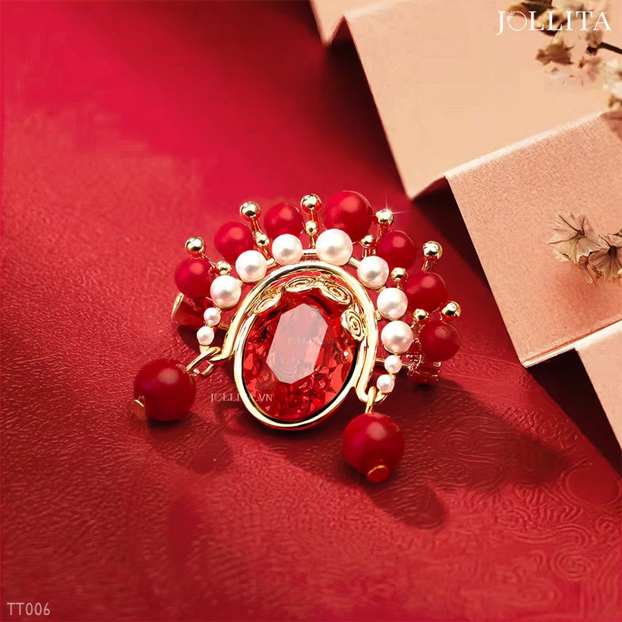 Cài áo Vương miện đỏ cổ điển đính ngọc trai sang trọng – Jollita