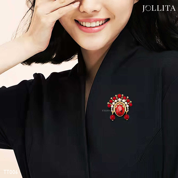 Cài áo Vương miện đỏ cổ điển đính ngọc trai sang trọng – Jollita