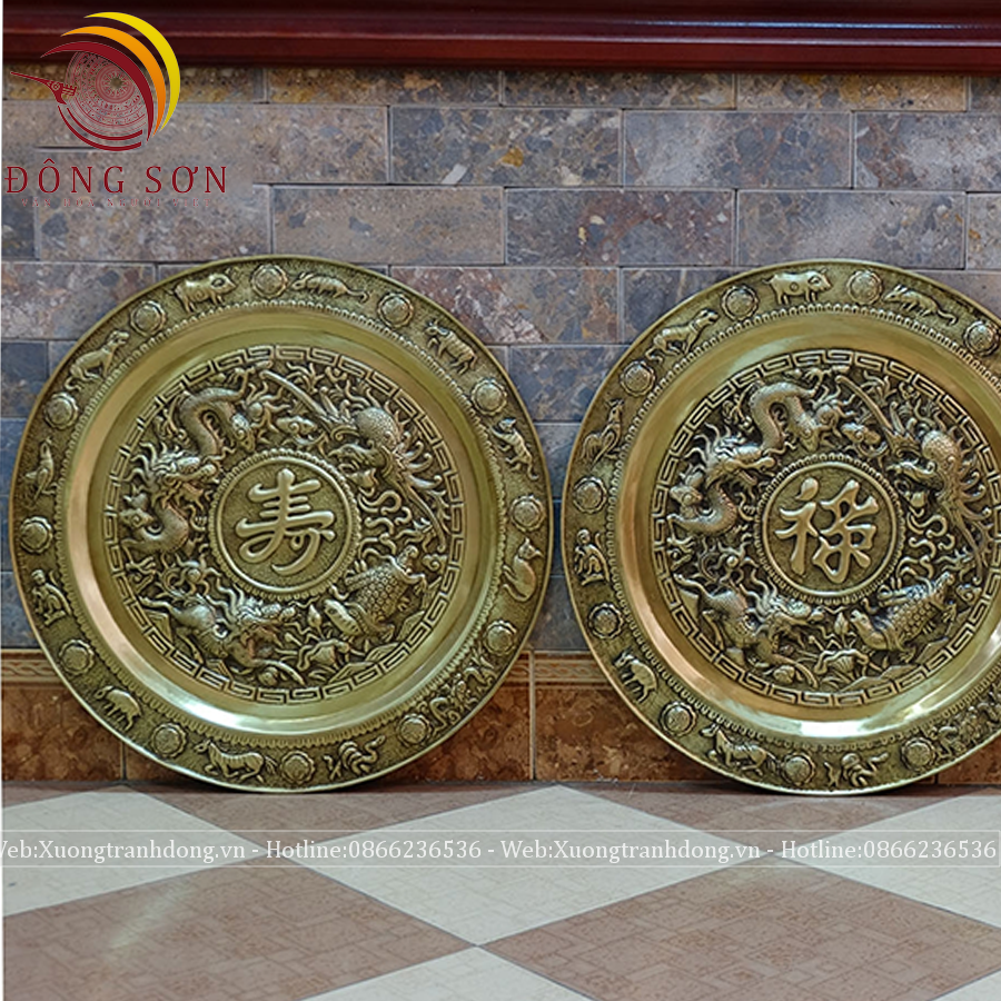 Tranh mâm chữ Phúc Lộc Thọ đồng vàng đường kính 60cm họa tiết 12 con g