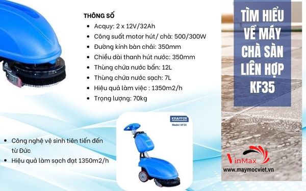 Máy chà sàn liên hợp đẩy tay dùng bình ắc quy Kraffer KF35 – Vinmax- maymocviet.vn
