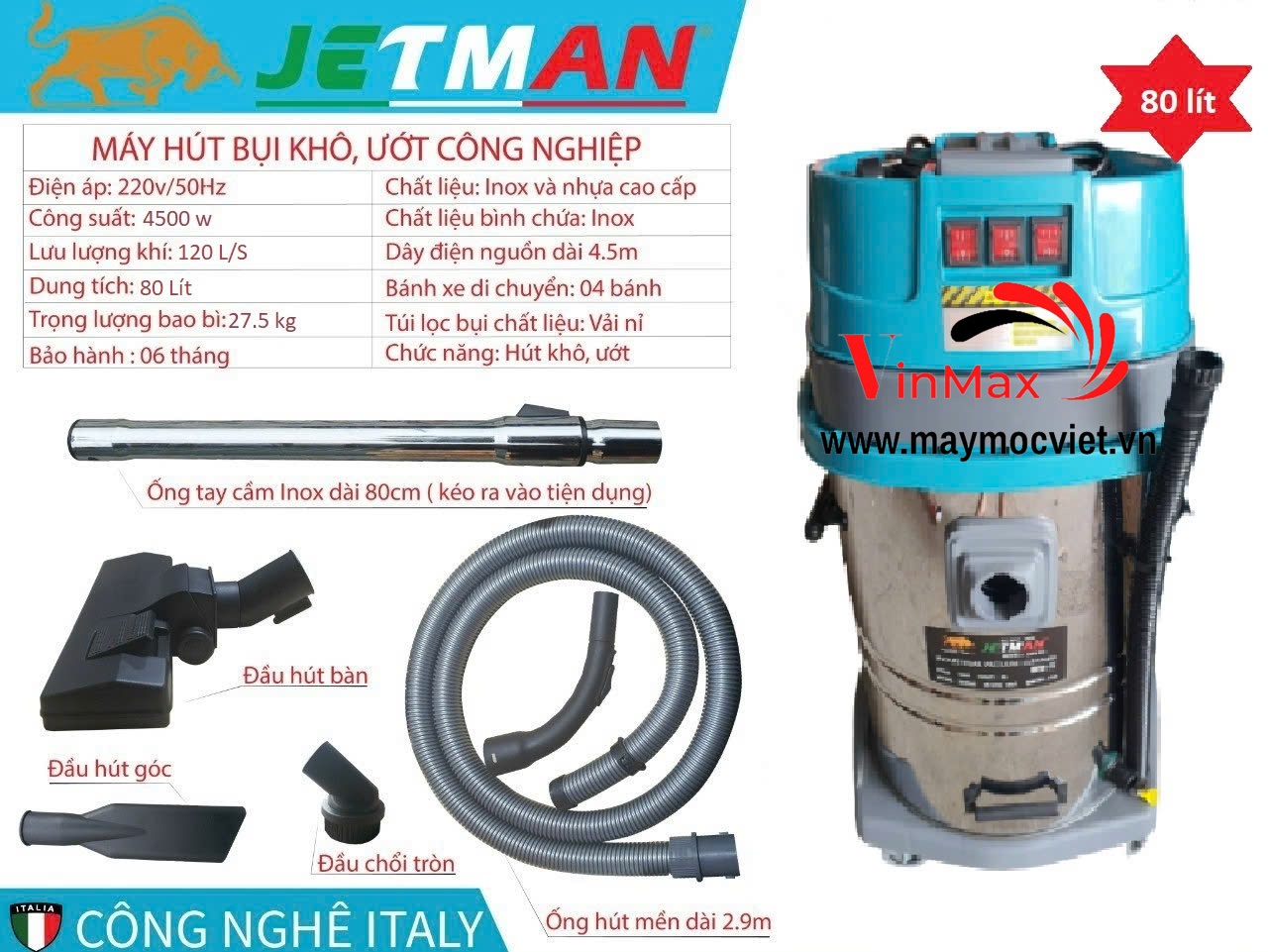 Máy Hút Bụi 80L Jetman 4500W HB80 – Vinmax- maymocviet.vn