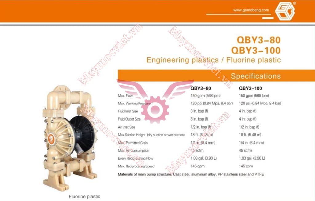 Bơm Màng Khí Nén GODO QBY3-80 TEFLON – Vinmax- maymocviet.vn