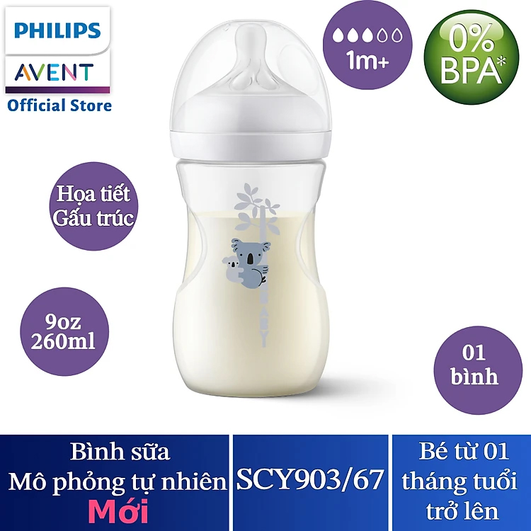 Bình sữa mô phỏng Avent SCY903.67 260Ml Gấu trúc