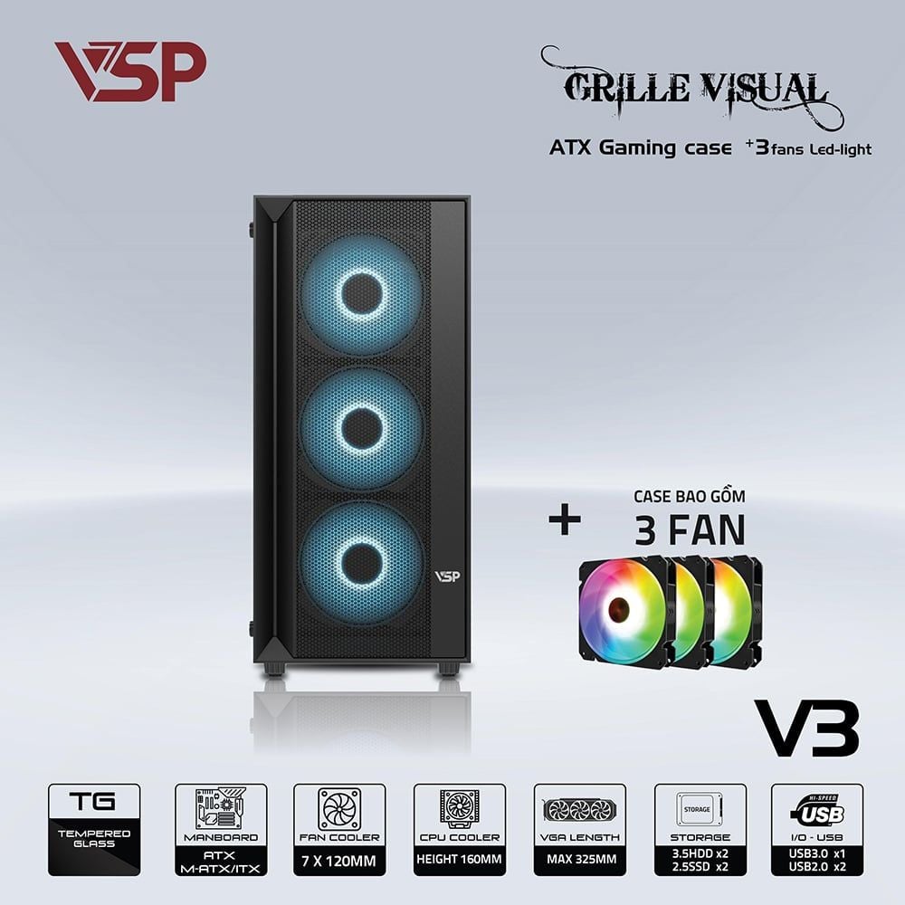 Case VSP "Grille visual" V3 Kèm 3 Fan LED (ATX, Đen) – Sao Chổi PC