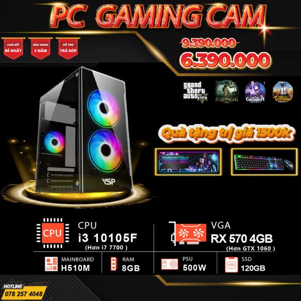 PC GAMING CAM I3 10105F / Ram 8GB / RX 570 / SSD 120GB GIÁ TỐT NHẤT – Sao Chổi PC