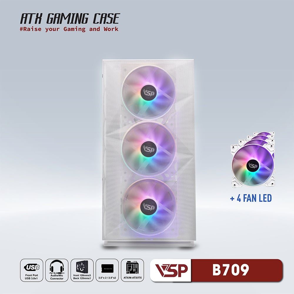 VỎ CASE VSP GAMING B709 White ( Có Sẵn 4 FAN LED RGB ) GIÁ RẺ – Sao Chổi PC