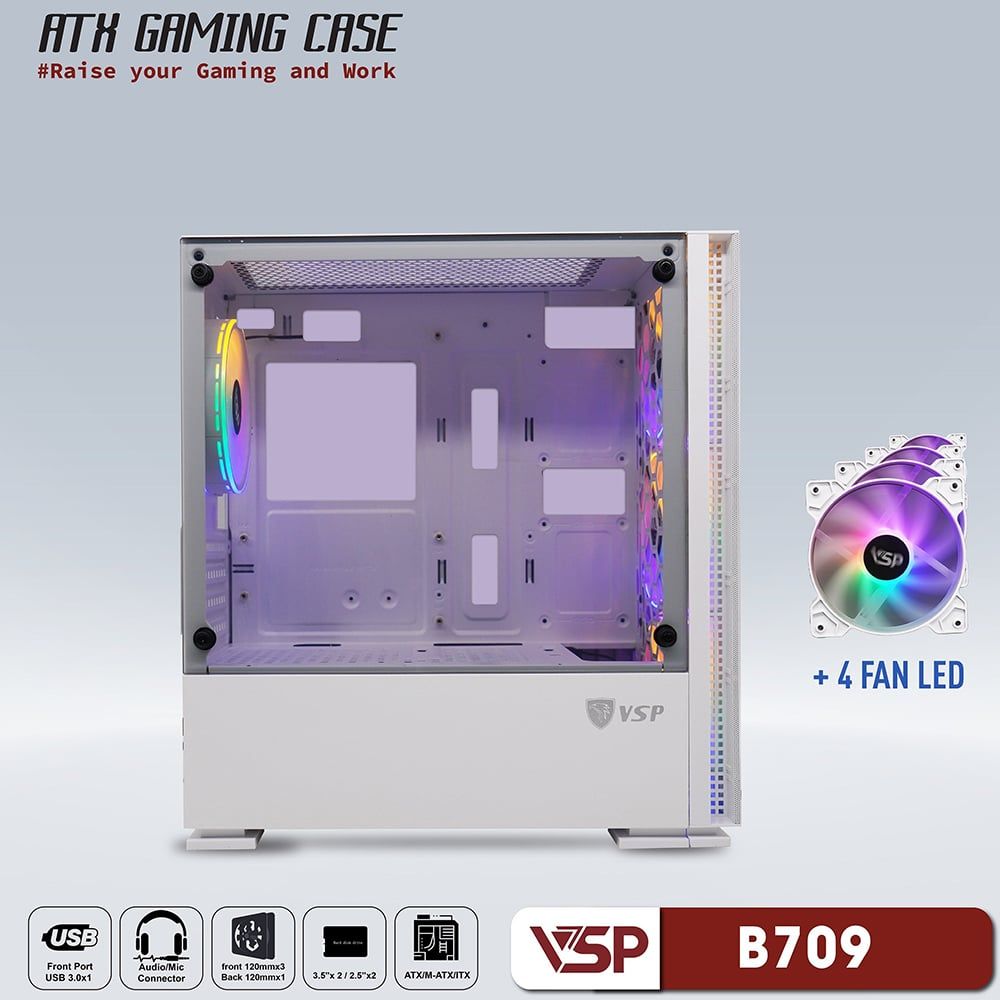 VỎ CASE VSP GAMING B709 White ( Có Sẵn 4 FAN LED RGB ) GIÁ RẺ – Sao Chổi PC