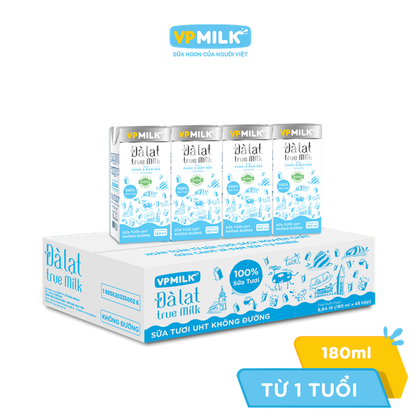 [Date T11.25] Sữa Tươi Nguyên Chất UHT Đà Lạt True Milk Không đường 180mlThùng 48 hộp Sữa Tươi ...