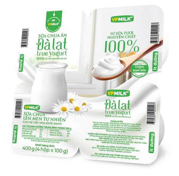 Sữa chua ăn VPMilk Đà Lạt True Yogurt ít đườngThùng 48 hộp Sữa chua ăn ...
