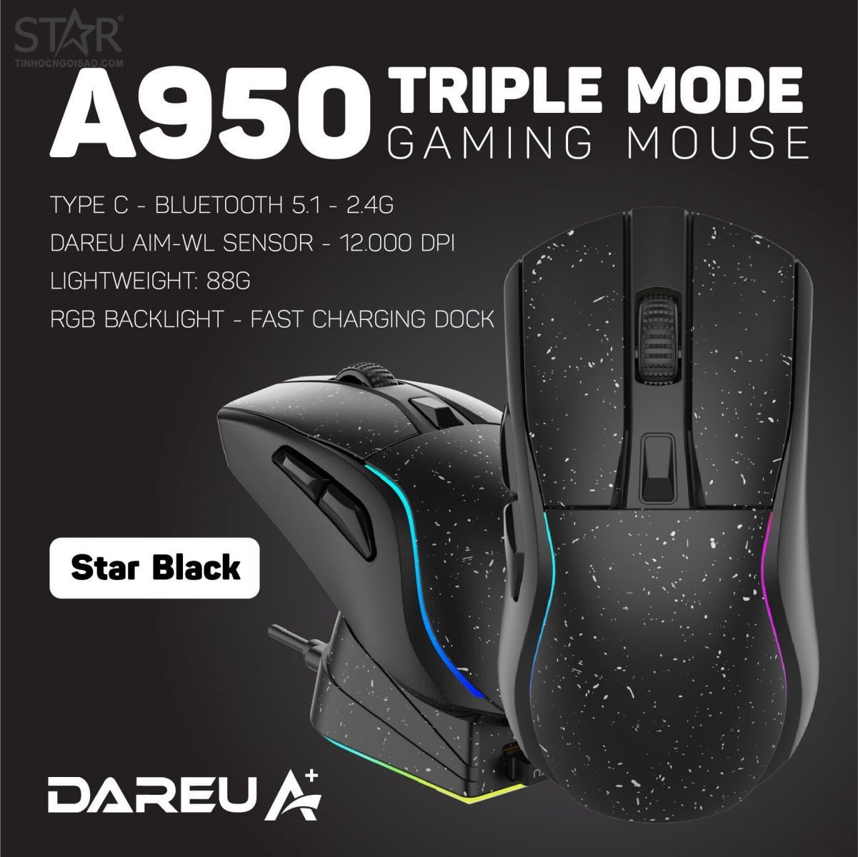 Chuột Dare-U A950 Starry, Không dây -TRIPLE MODE (Đen) – TINHOCNGOISAO.COM