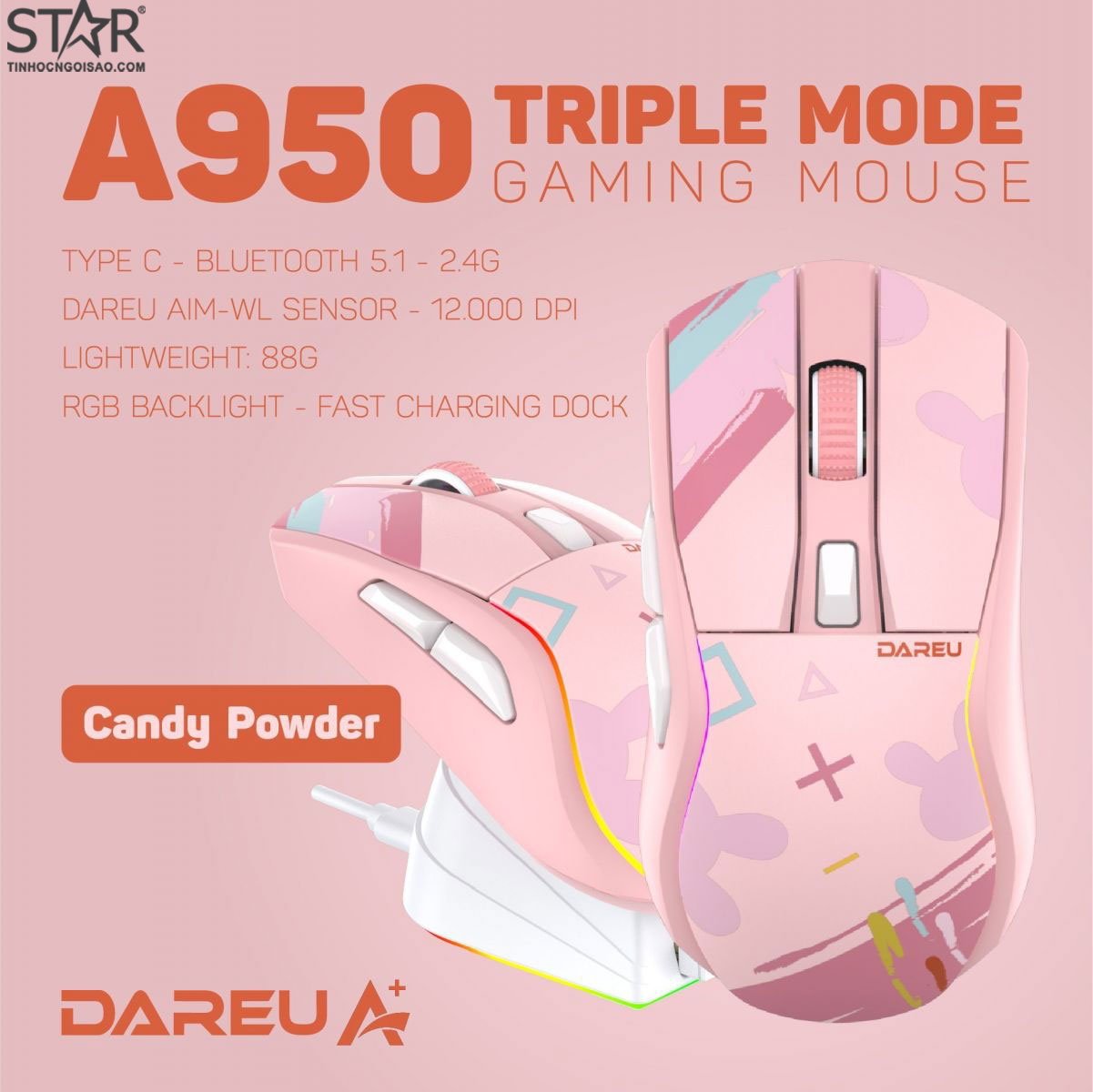 Chuột Dare-U A950 Chewy, Không dây-TRIPLE MODE, (Hồng) – TINHOCNGOISAO.COM