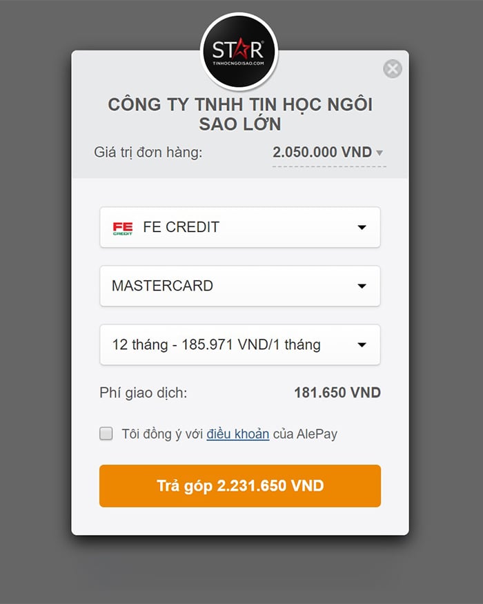 Giải pháp thanh toán – trả góp Online qua thẻ AlePay – TINHOCNGOISAO.COM