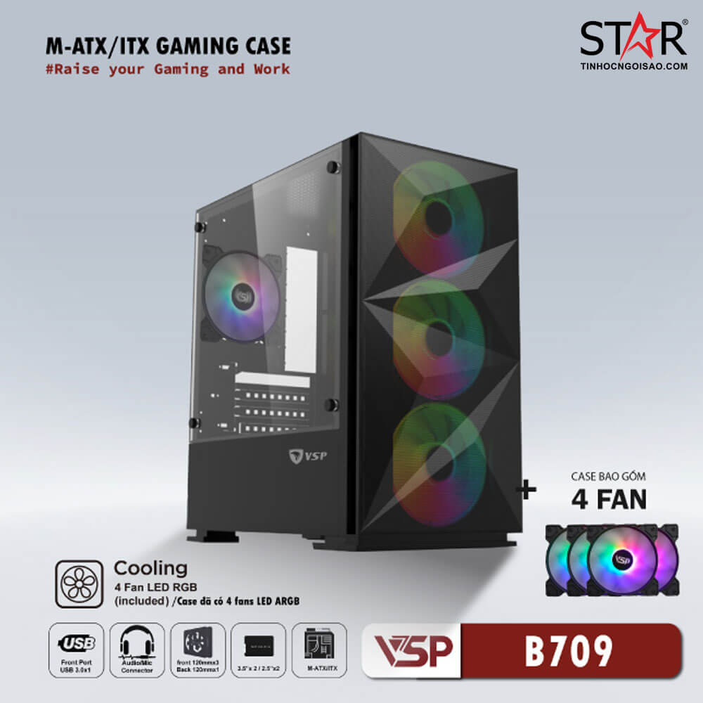 Thùng máy Case VSP GAMING Mid Tower B709 - Black + 4Fans Led – TINHOCNGOISAO.COM