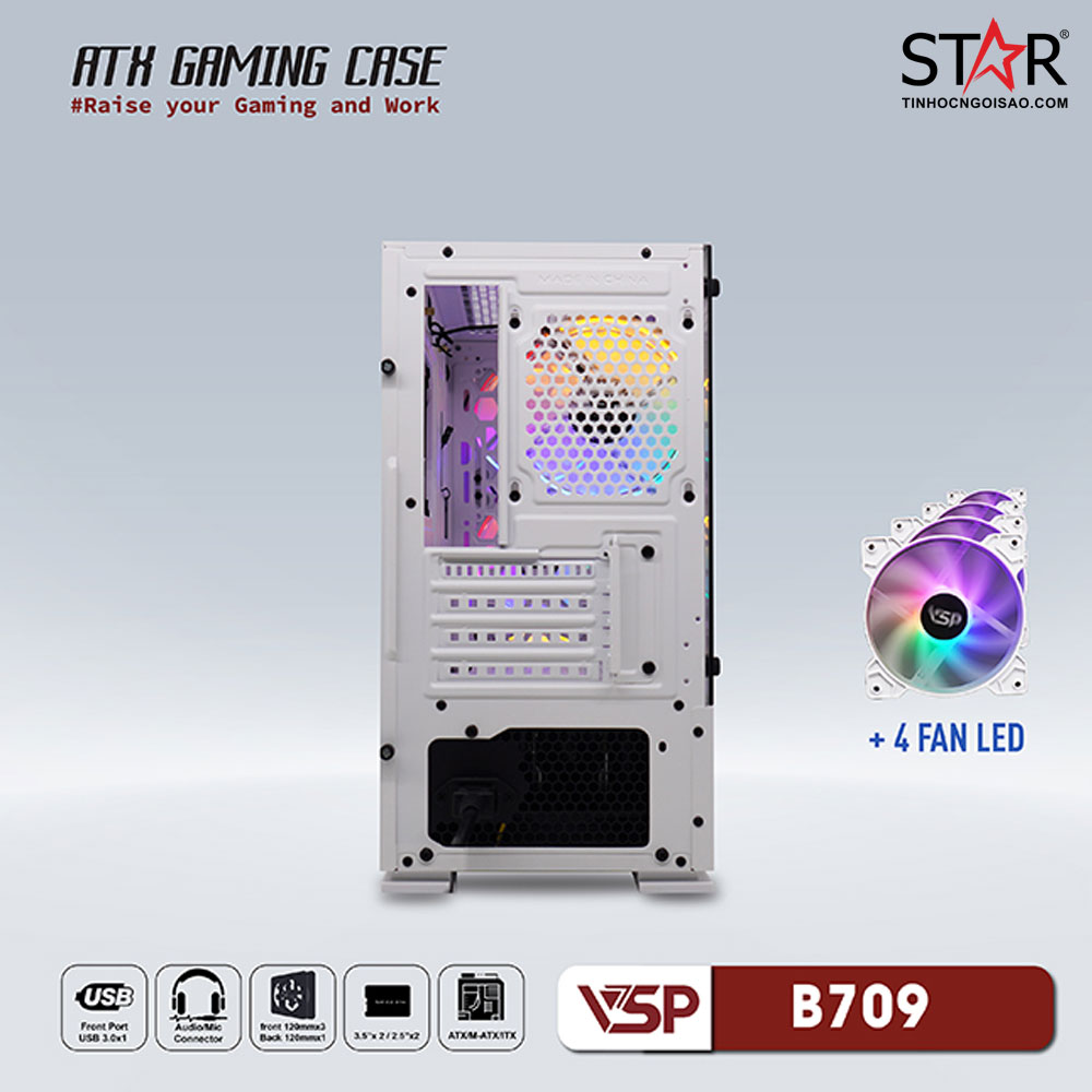 Thùng máy Case VSP Gaming Mid Tower B709 - White + 4Fans Led ...