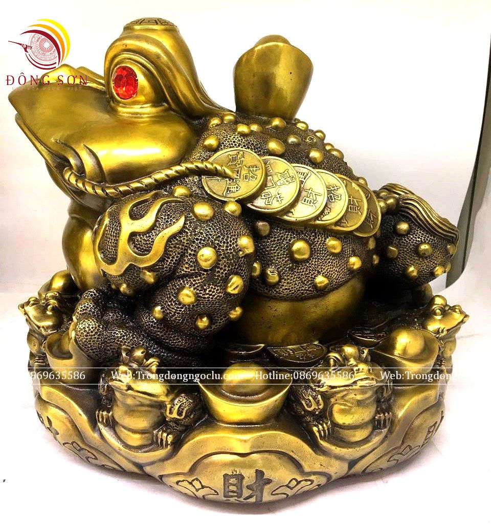Tượng Cóc Thiềm Thừ ngồi trên chín cóc vàng bằng đồng Cao 27cm x Ngang ...