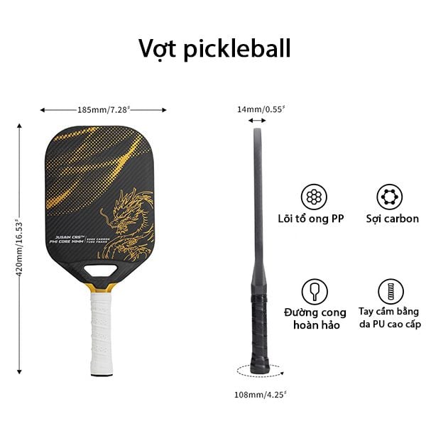 Vợt Pickleball Jusain Dragon T700 Rồng Vàng, chất liệu carbon – hapica