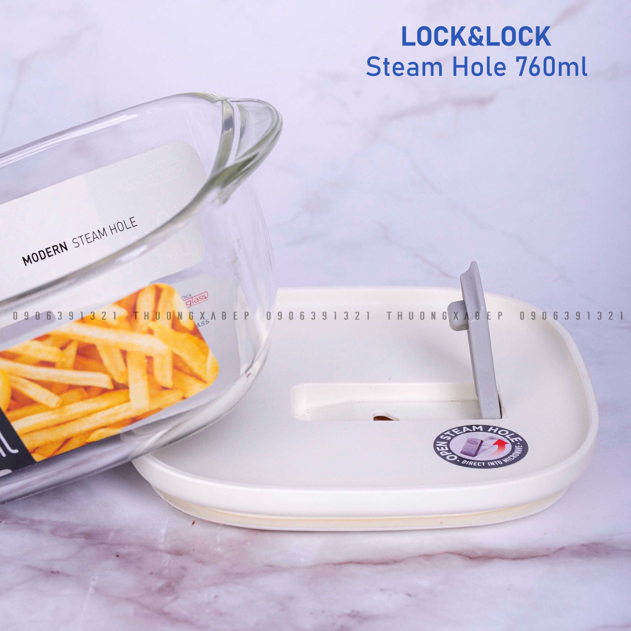 Hộp thủy tinh Steam Hole 760ml Lock & Lock_Nắp trắngHộp thủy tinh Steam ...