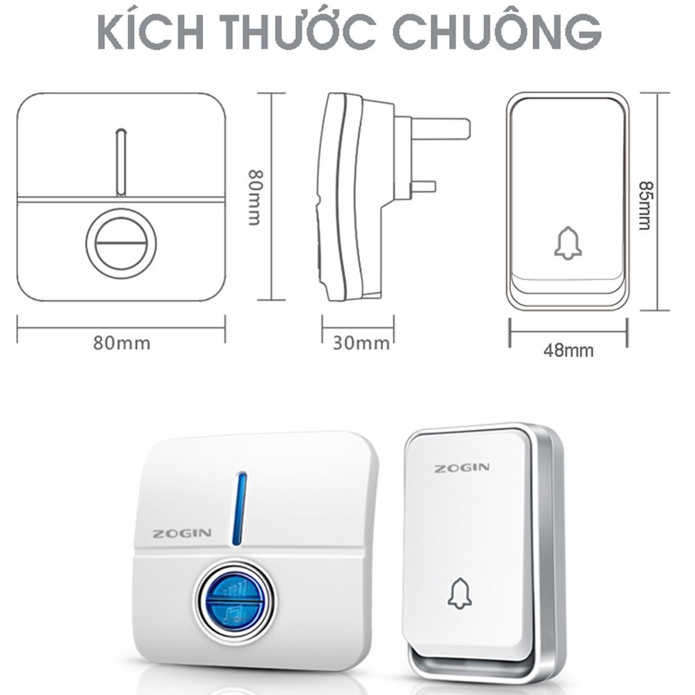 Chuông cửa không dây nút ấn không dùng pin ZOGIN khoảng cách 150m ...