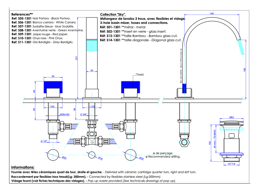 Vòi chậu rửa mặt bằng đồng Sky Pierre Grey Bardiglio - 1301 – NKX