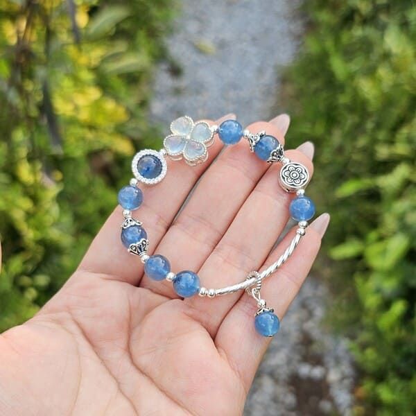 Vòng Tay Aquamarine Mix Cỏ 4 Lá Bọc Bạc – Sky Gems