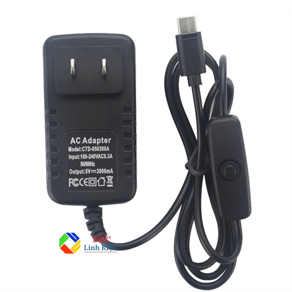 Nguồn Adapter 5V 3A Type-C Cho Raspberry Pi 4 - Có Switch ON/OFF Tiện